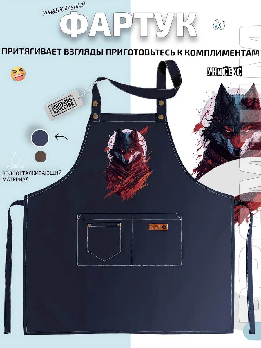 Фартук Волк Wolf Темный Фэнтези Воин кухонный с принтом универсальный