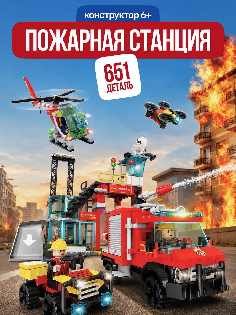 Конструктор Пожарная часть, развивающий пластиковый набор Пожарная машина и спасательная станция, 651 деталь, 6+