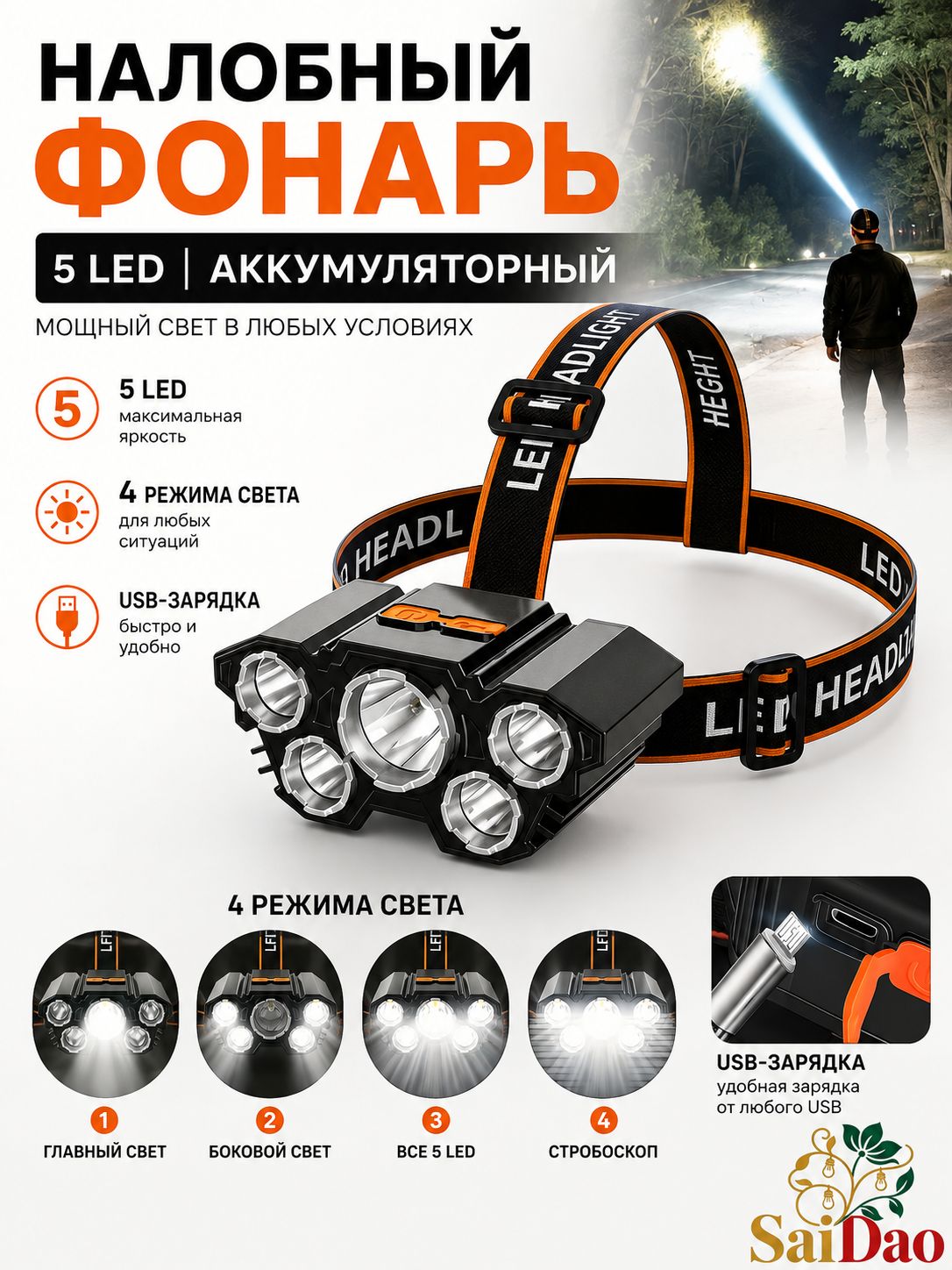 Налобный фонарь 5 LED с USB зарядкой, аккумуляторный фонарик на голову для кемпинга, рыбалки, походов и ремонта