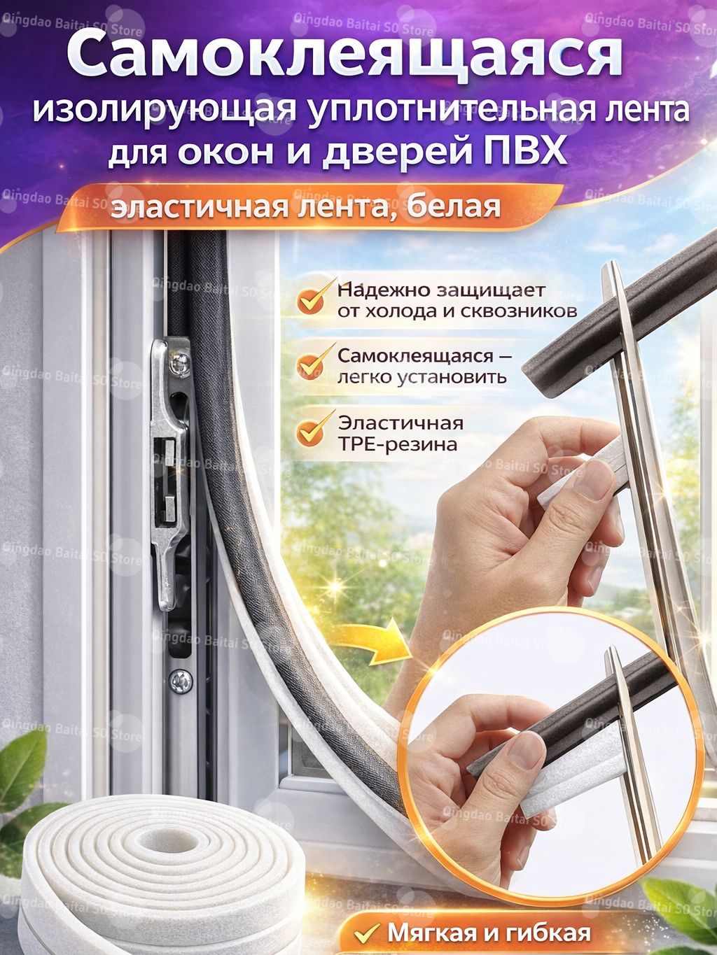 Самоклеящаяся уплотнительная лента для окон и дверей из ПВХ, эластичная, защита от сквозняка, шума и пыли, универсальная герметизация