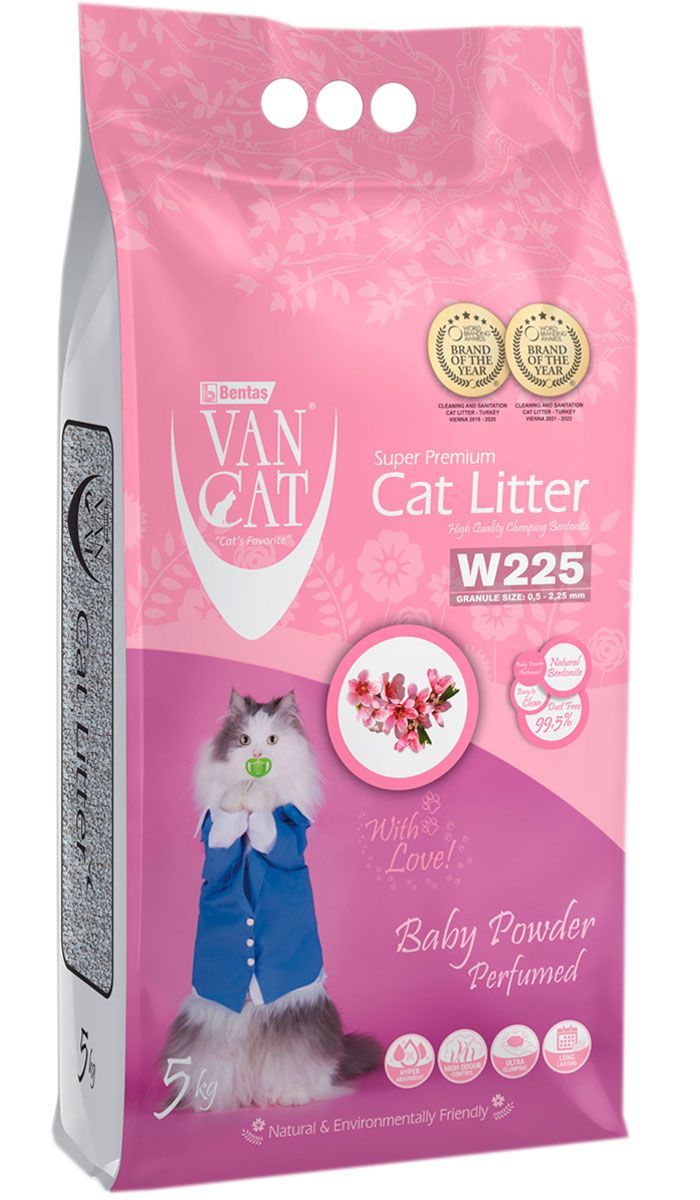 Van Cat комкующийся наполнитель с ароматом Детской присыпки, без пыли, бентонит, пакет, (Baby Powder Perfumed), 5 кг