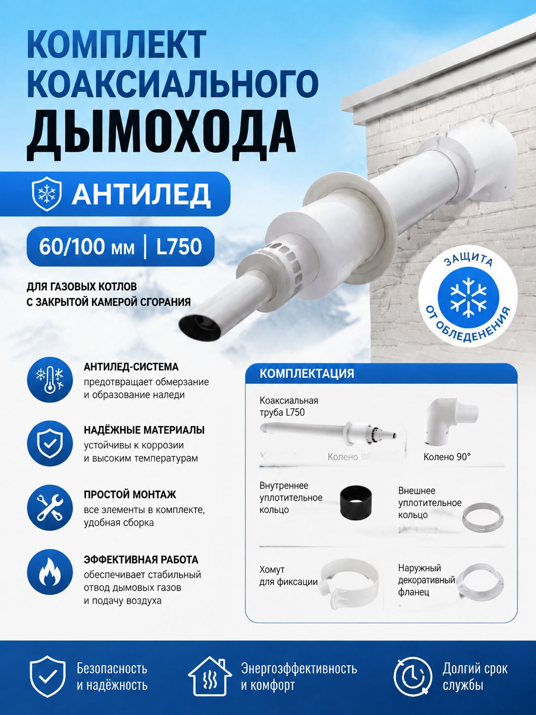 Комплект Коаксиального дымохода антилед 60/100 L750