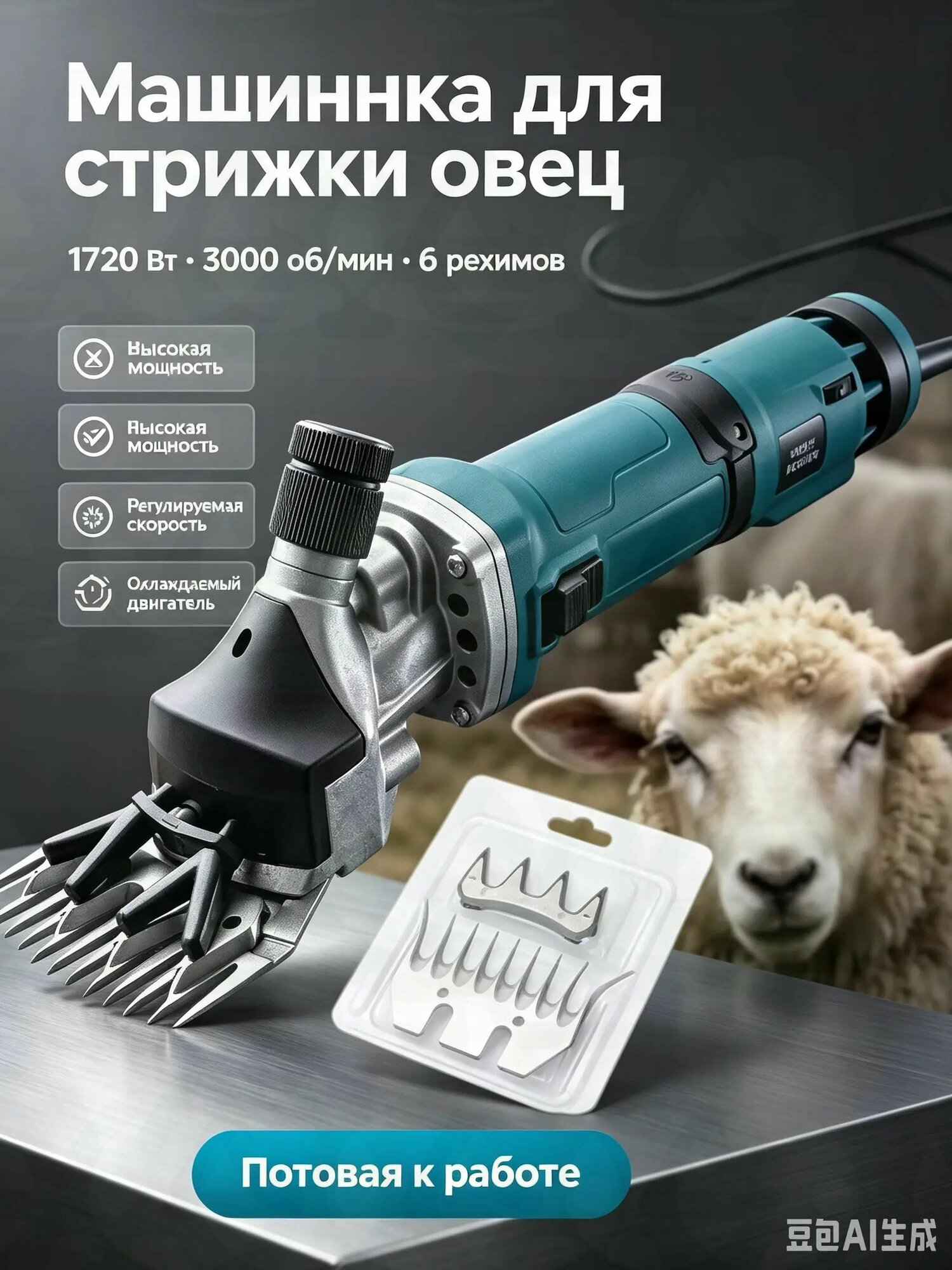 Машинка для стрижки овец профессиональная Режущая головка, Cтригальная электромашинка роторная с регулиров