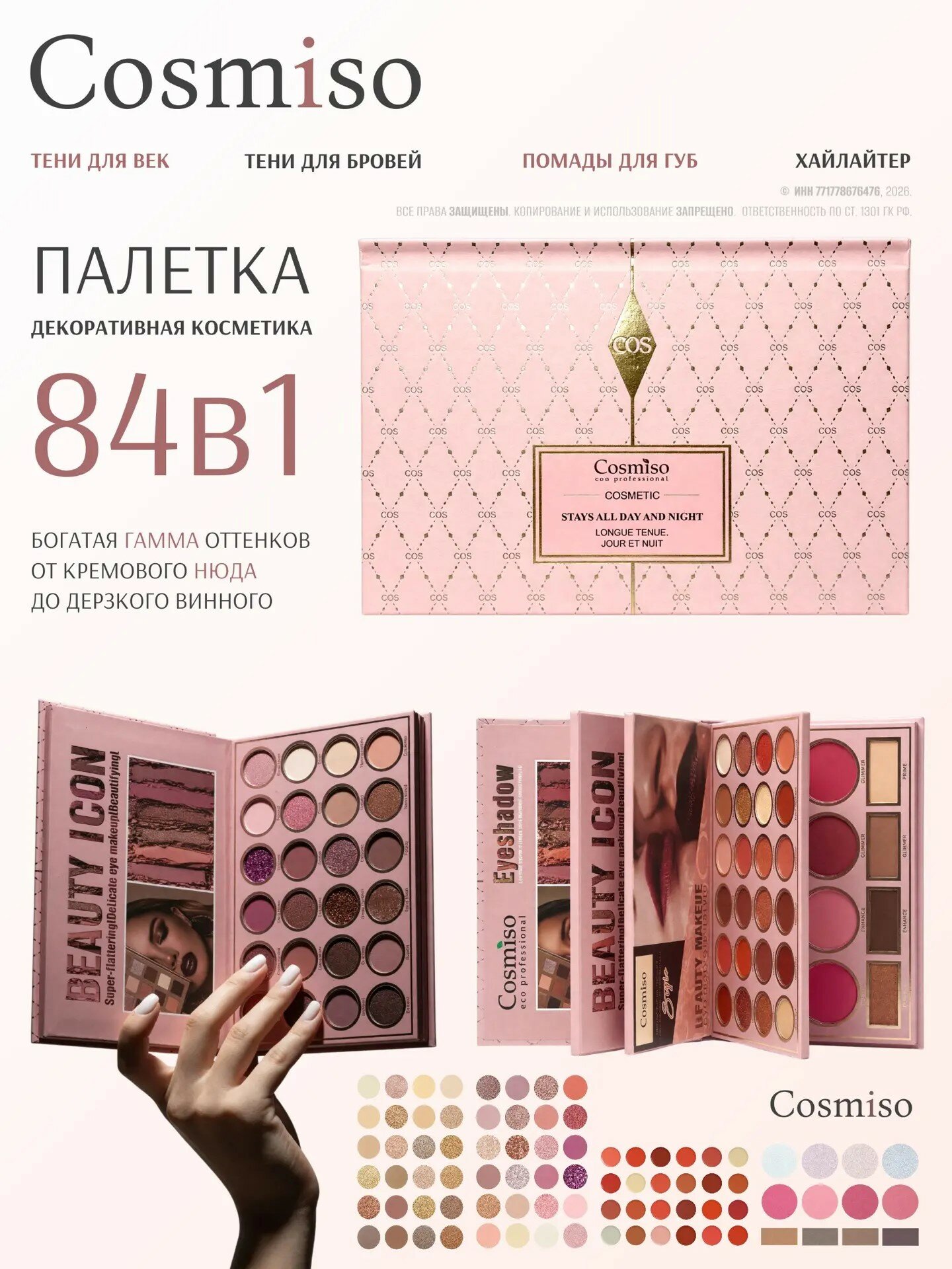 Набор косметики для макияжа Cosmiso 84 в 1, палетка теней 48 оттенков, помады для губ 24 цвета, румяна, хайлайтер, тени для бровей, подарочный набор