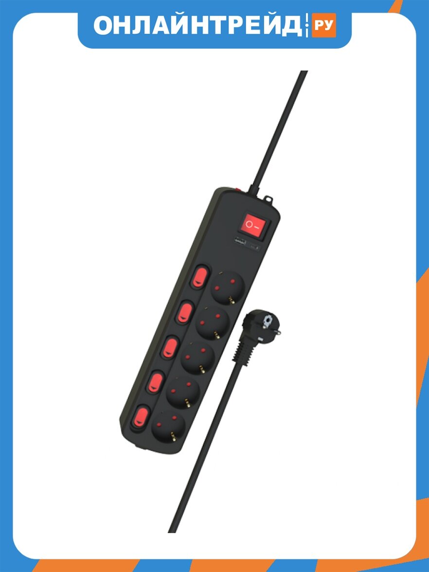 Сетевой фильтр Ritmix RM-351CKOP 5 розеток, USB+TypeC, 3м, черный
