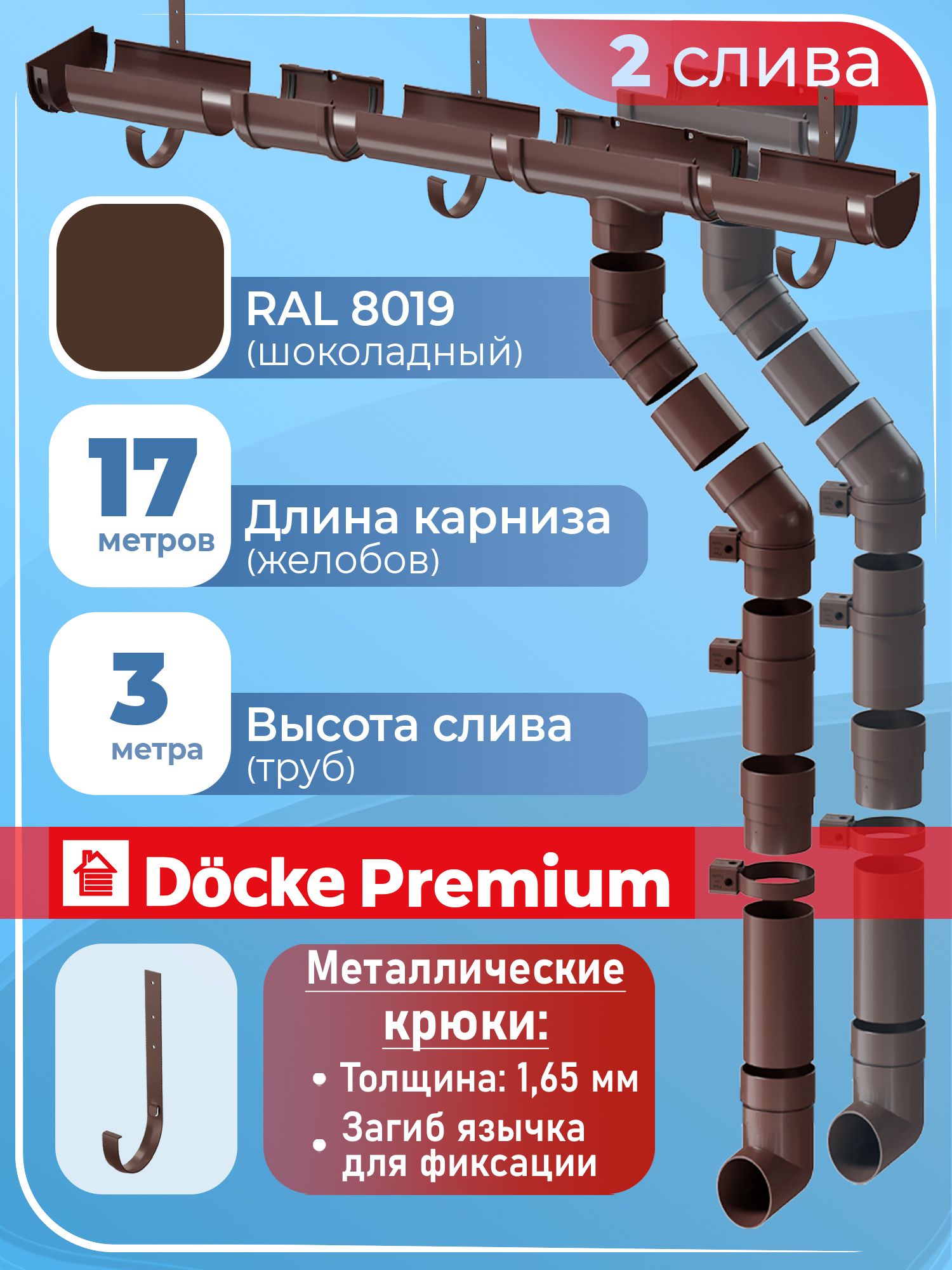 Водосток Деке Премиум + саморезы 17 м 2 слива ( 1,5 + 1 м ) RAL 8019 водосточная система для крыши ПВХ 120/85 мм (шоколад )комплект элементов с металлическими крюками для кровли Docke Premium пластик