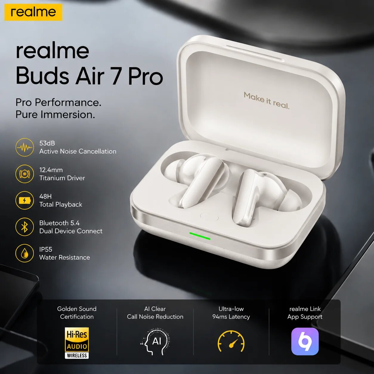 Realme Buds Air 7 Pro наушники Белый, White