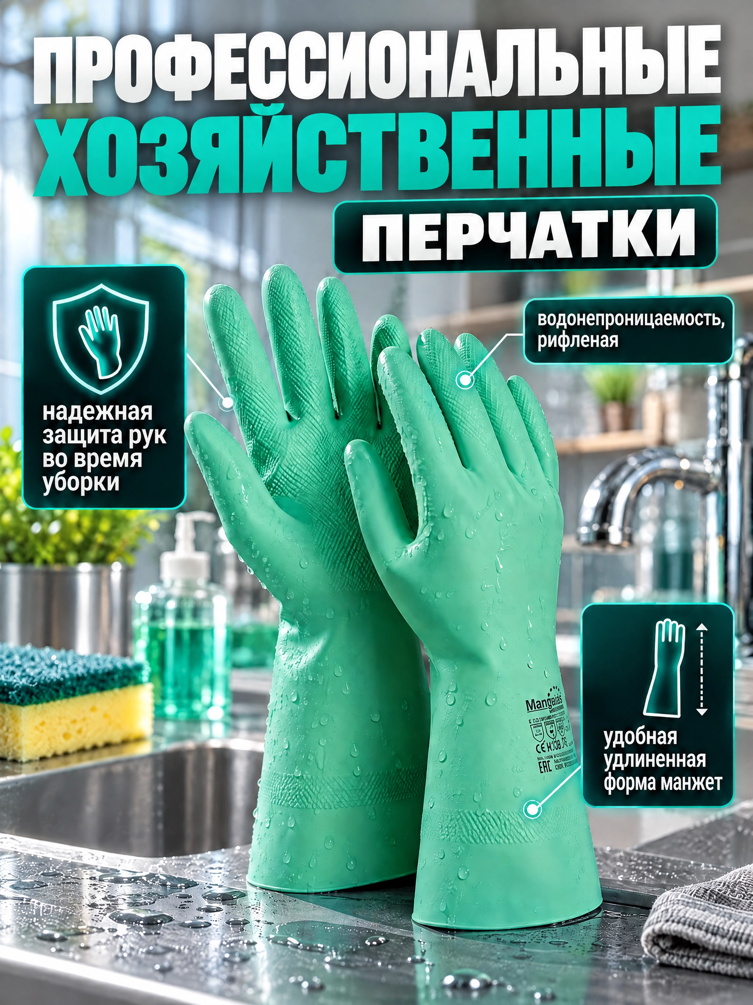 Перчатки резиновые хозяйственные Manipula Контакт (размер 8, M)