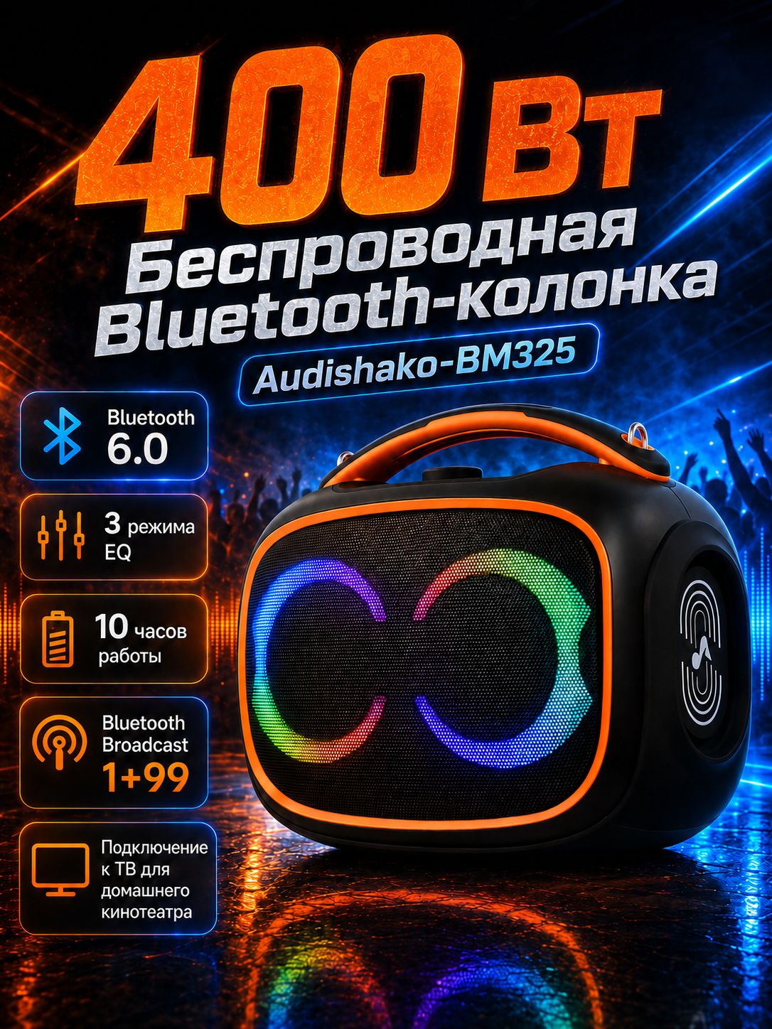 Портативная Bluetooth колонка Audishako BM325 400 Вт Bluetooth 6.0, RGB подсветка, до 99 колонок,3 режима EQ, IPX4, USB Type C, OTG, микрофонный вход аудиовыход, для вечеринок и ТВ