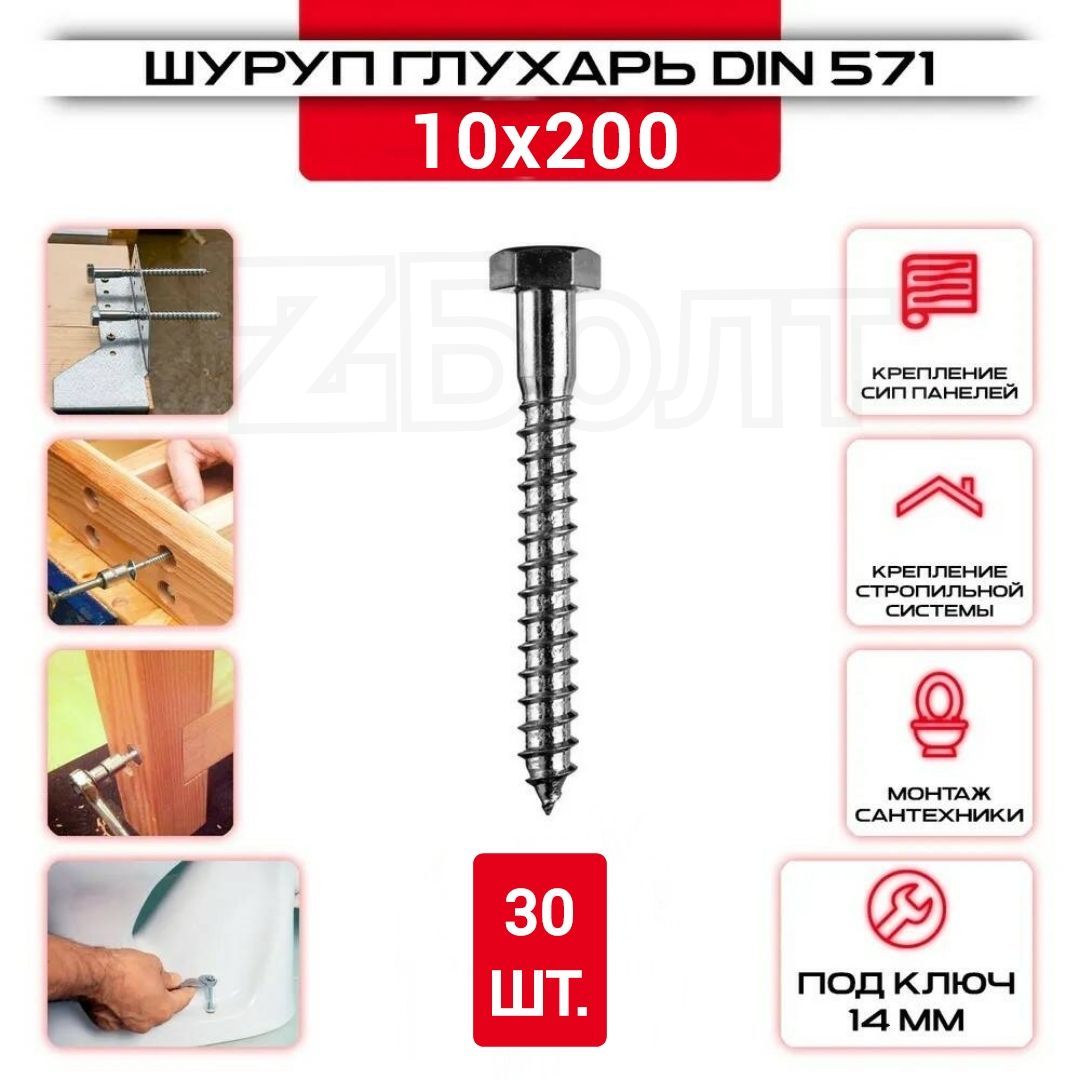 Шуруп сантехнический, Глухарь, zболт 10х200 мм, 30 шт.