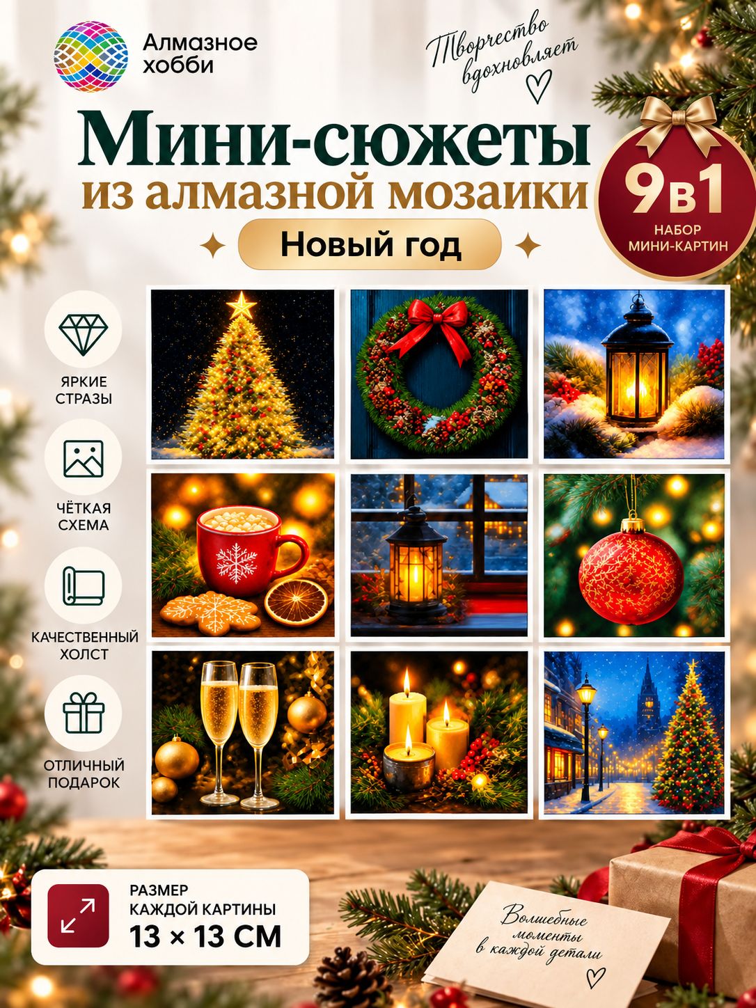 Подарочный набор мини алмазной мозаики Новый год 9 в 1
