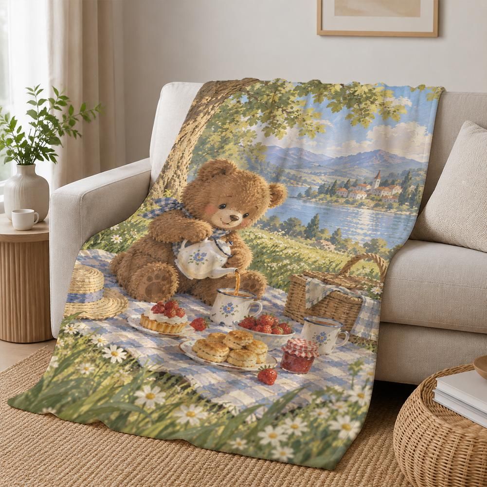 Плед флисовый с мишкой и посудой, 75x100 см, разноцветный