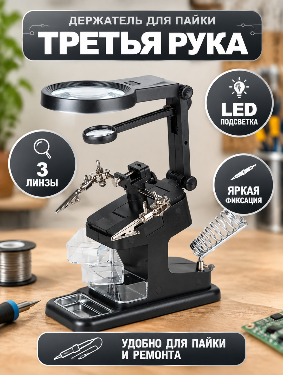 Держатель «третья рука» для пайки с лупой, 3 линзами и LED-подсветкой