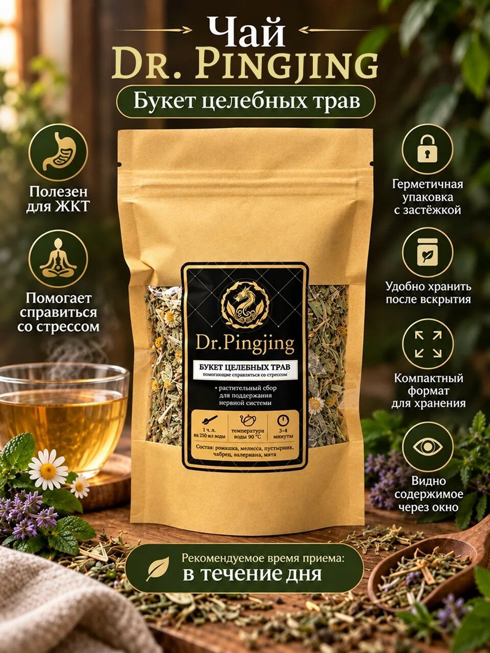 Чай травяной, успокаивающий, dr. Pingjing, 50 гр (Мята, мелисса, пустырник, чабрец, ромашка, корень валерьяны и т. д. )