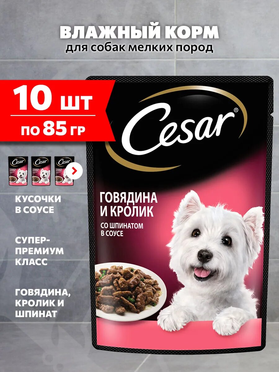 Корм влажный Cesar для взрослых собак мелких пород, говядина, кролик и шпинат в соусе, 85 г 10 шт