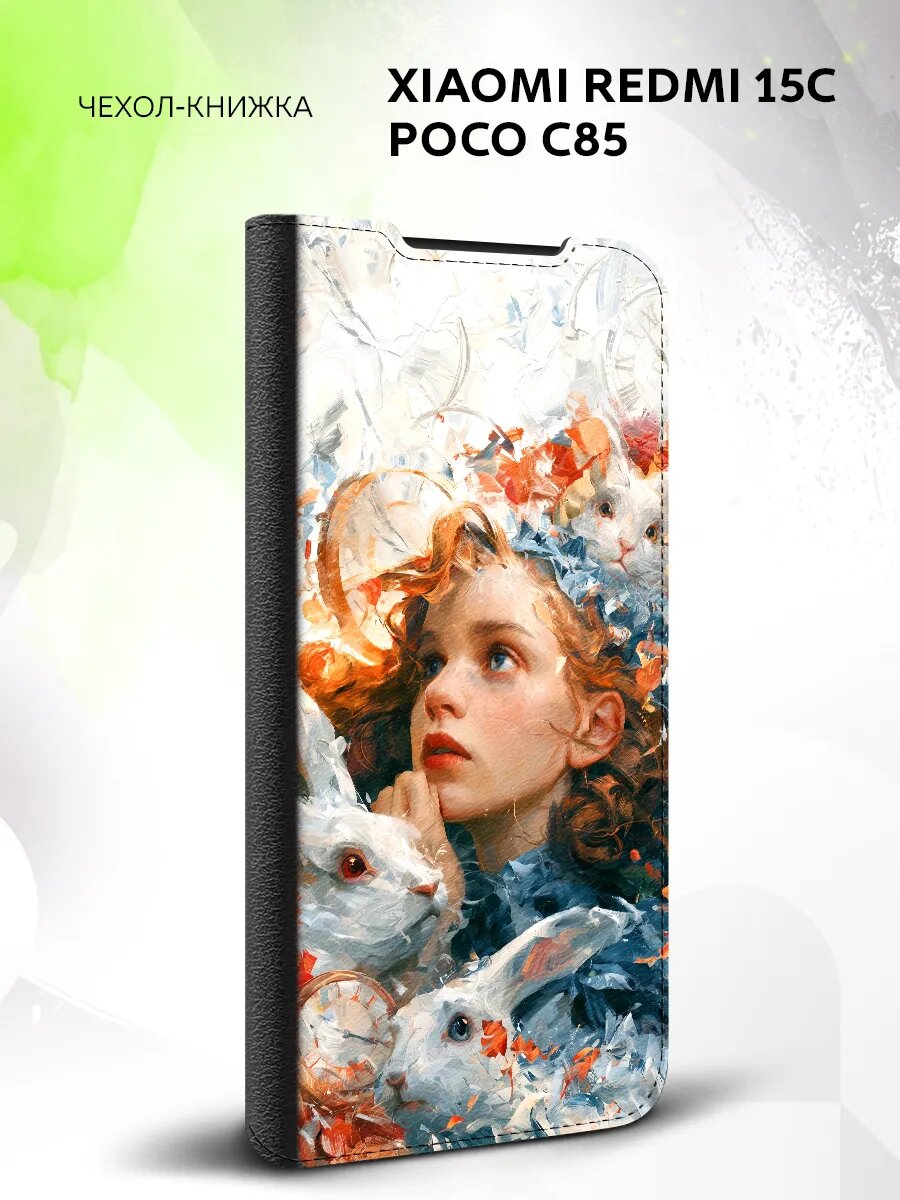 Чехол книжка на Xiaomi Redmi 15C/Poco C85, противоударный, эко-кожа и с принтом