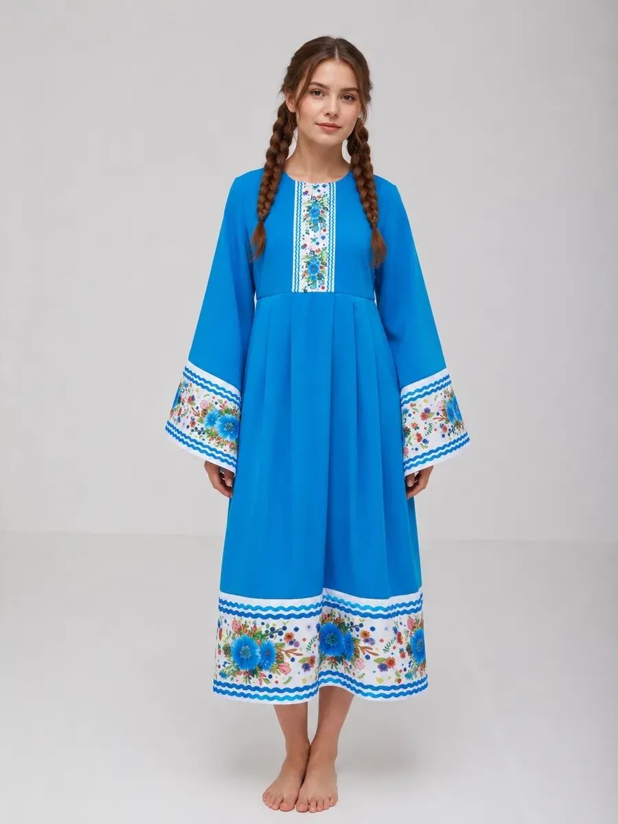 Платье женское с цветами, синий, L-XL, m3162b