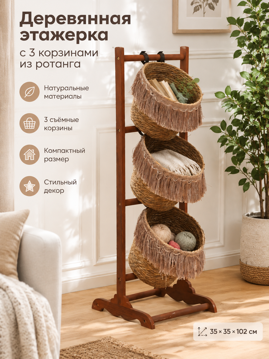 Этажерка деревянная с 3 корзинами из ротанга, напольная стойка, коричневая, 35×35×102 см