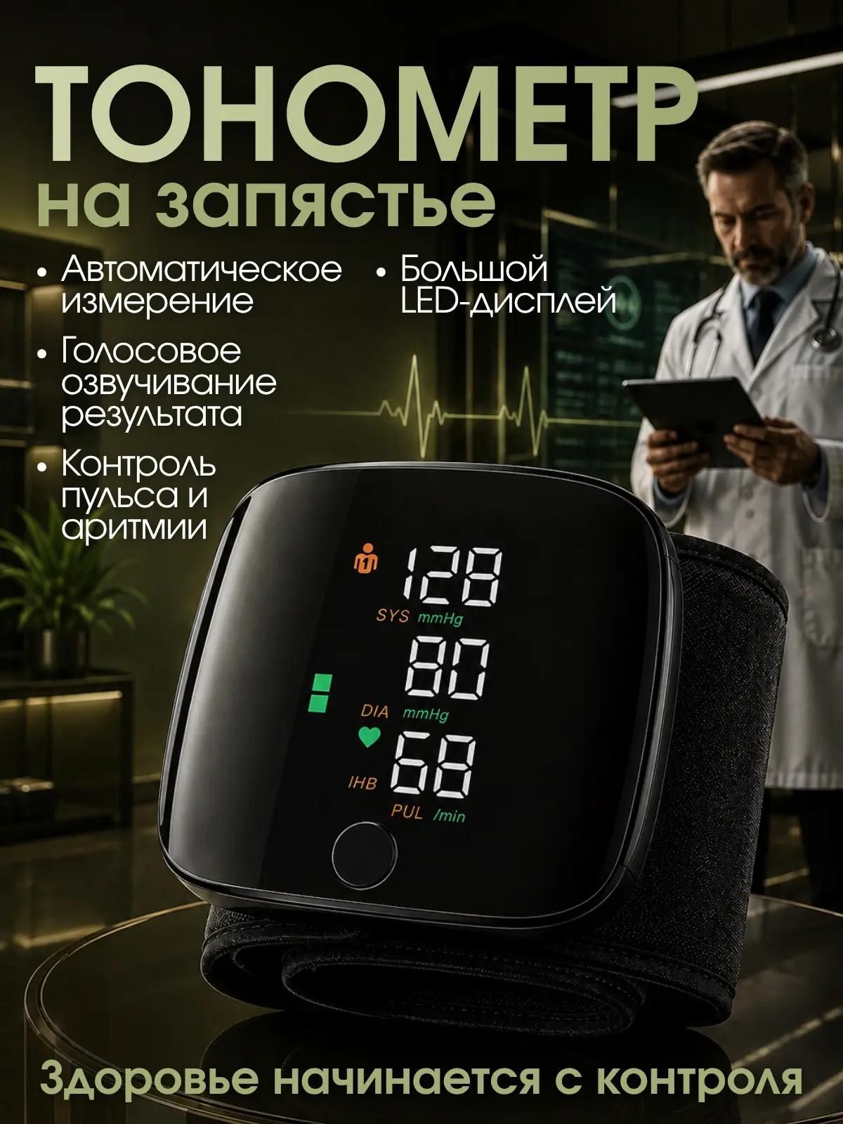 Тонометр автоматический на запястье для измерения давления цифровой , универсальная манжета , индикатор аритмии , контрастная подсветка