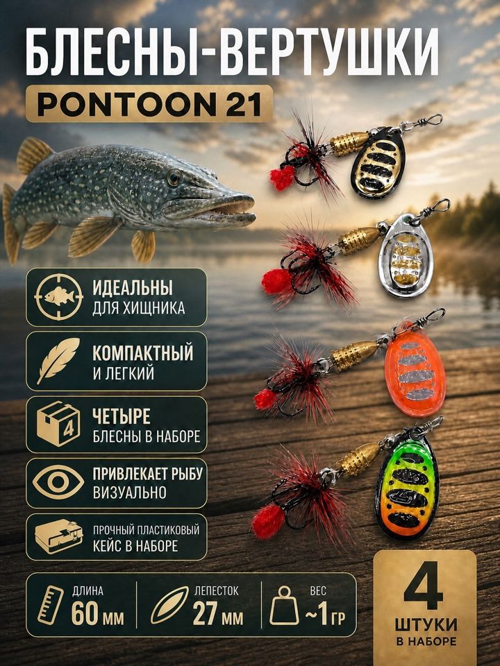 Блесны-вертушки Pontoon21 с опушкой в кейсе: 1г, 60мм, лепесток 27мм: набор 4 штуки