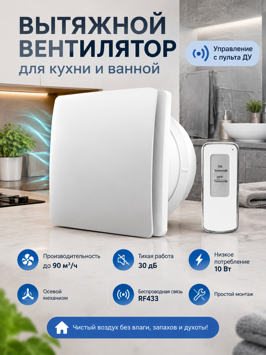 Вытяжной вентилятор для кухни и ванной, белый, с пультом ДУ, осевой, 90 м³/ч, тихий, 30 дБ