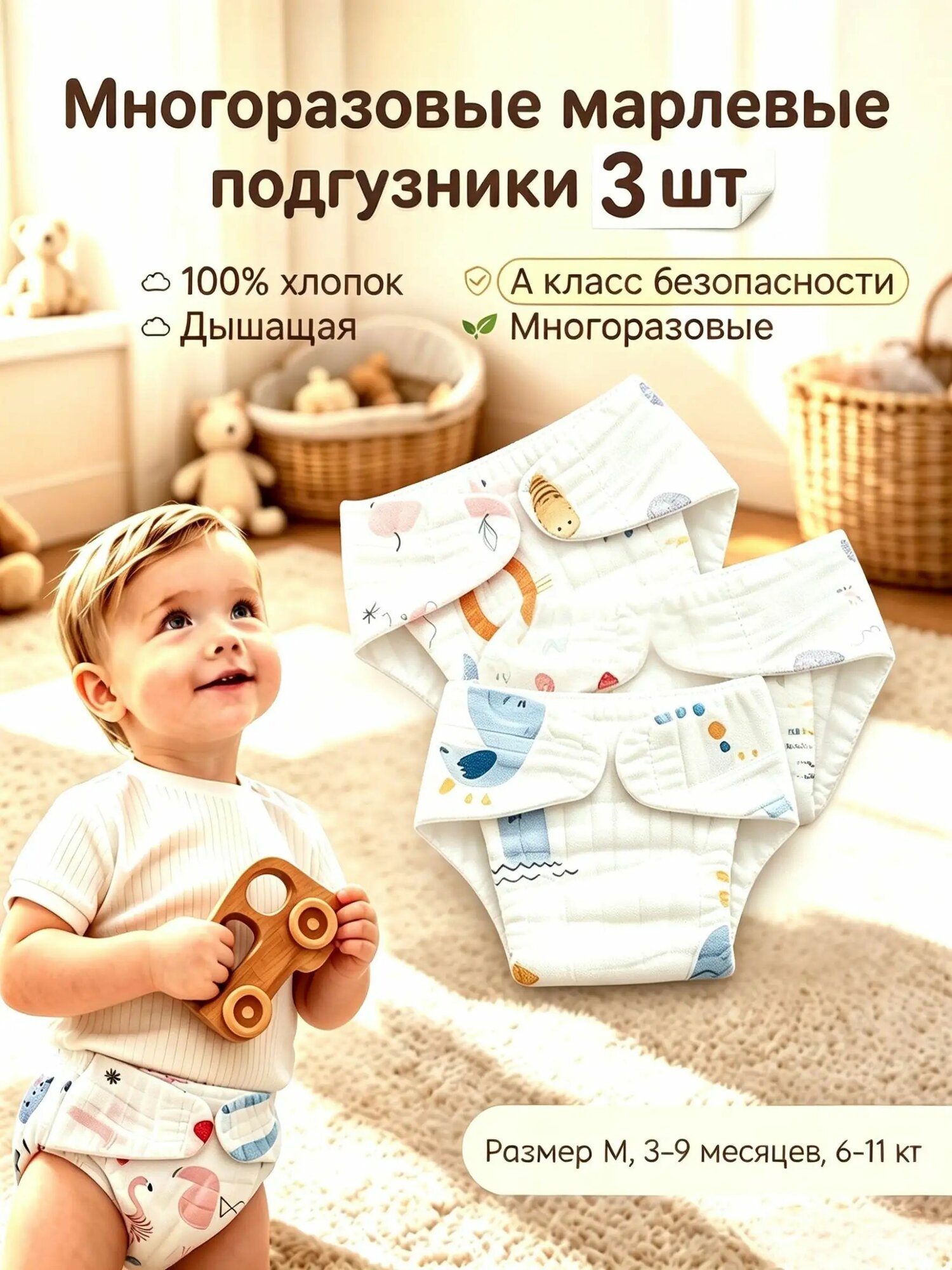 Детские моющиеся хлопковые марлевые подгузники (мультяшный узор 3шт, размер M, 3-9 месяцев)