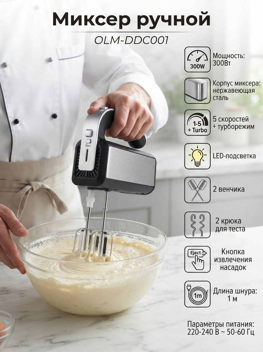 Измельчитель кухонный OULEMEI OLM-DDC001, пластик, насадки, венчик, крюки