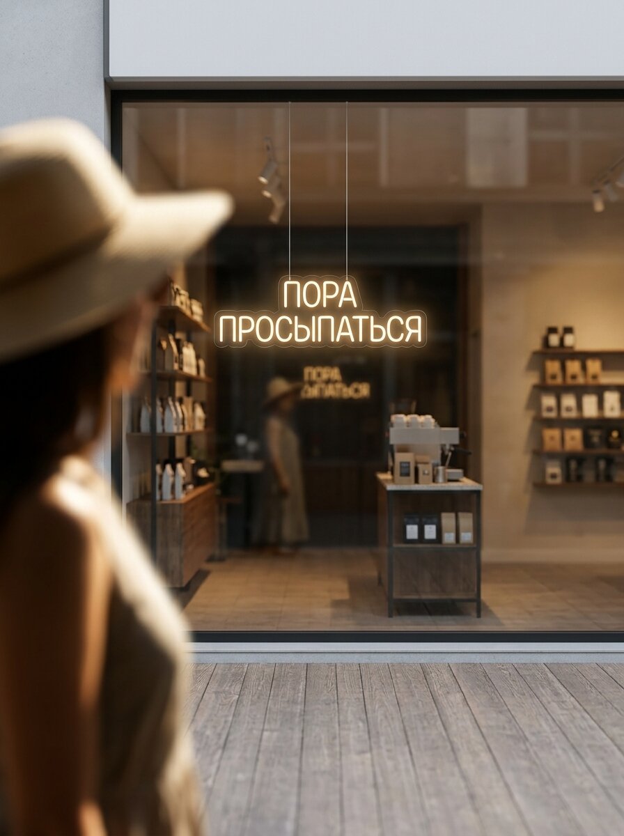 Неоновая вывеска "Пора просыпаться" 90х30см, неоновая надпись, LED светильник для кофейни