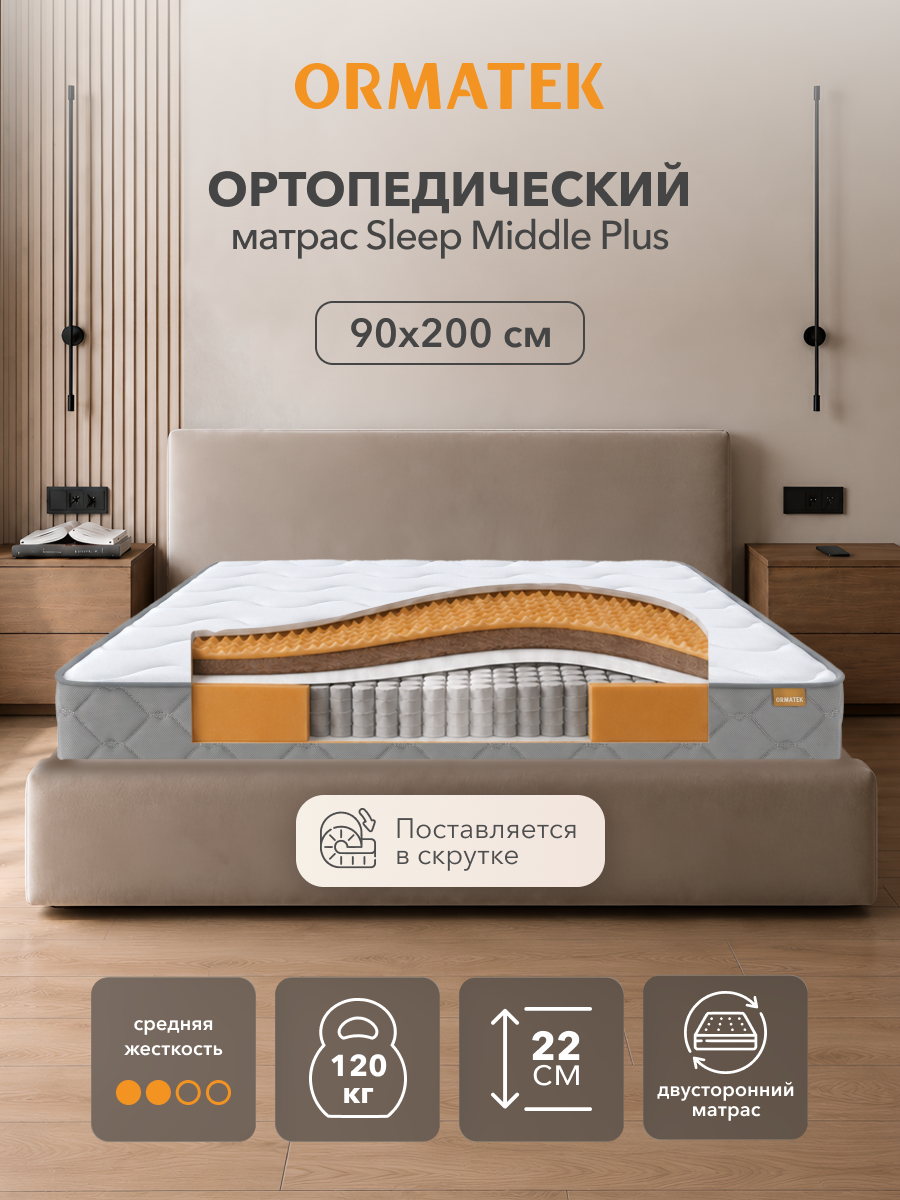 Орматек Матрас SLEEP Middle Plus, Независимые пружины, 90х200 см, Односпальный двусторонний анатомический матрас
