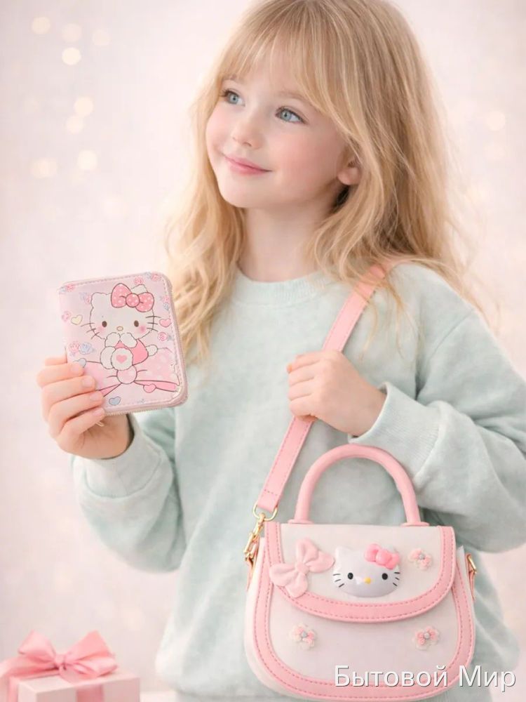 Сумка детская Hello Kitty розовая набор с кошельком 20 см для девочки подарок школьнице сумочка — фото 1