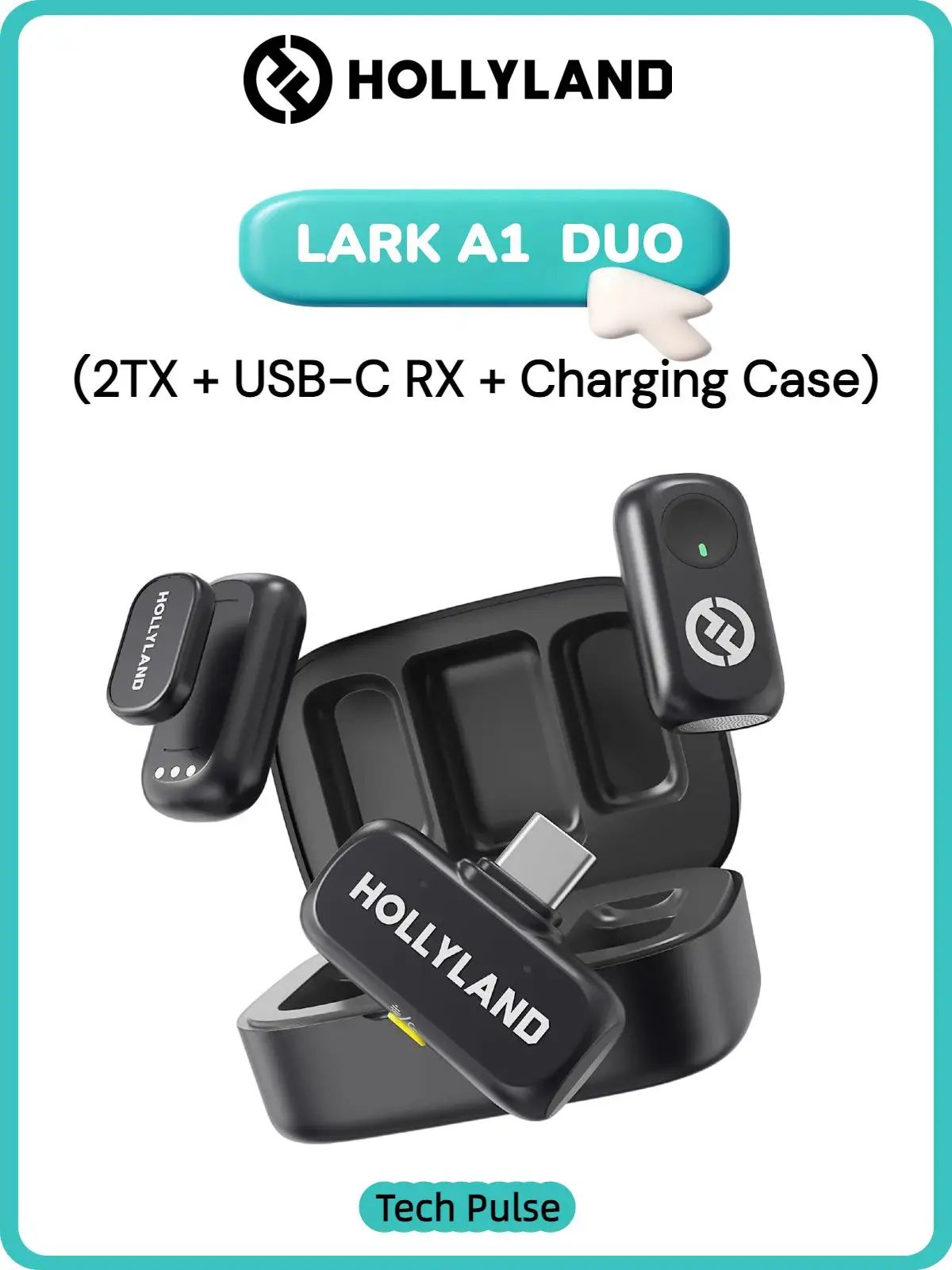 Микрофон универсальный Hlollyland LARK A1 DUO Type-C Version (2TX + 1RX + чехол для зарядки), белый, темно-синий