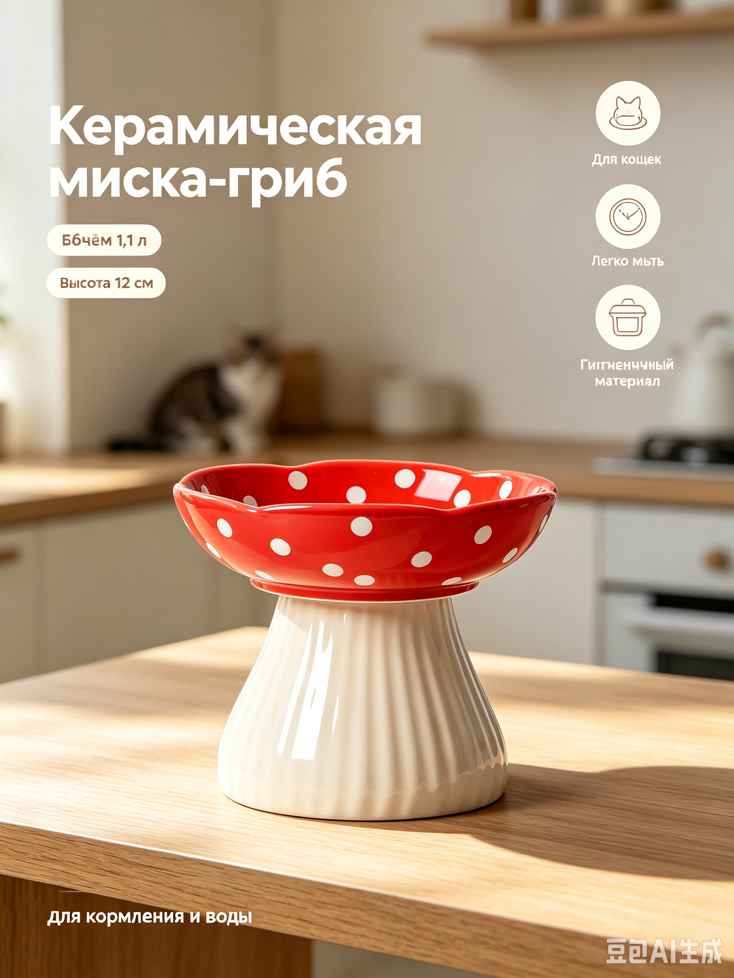 Миска для кошек керамическая в виде гриба, на подставке, 15×15×13 см, красная