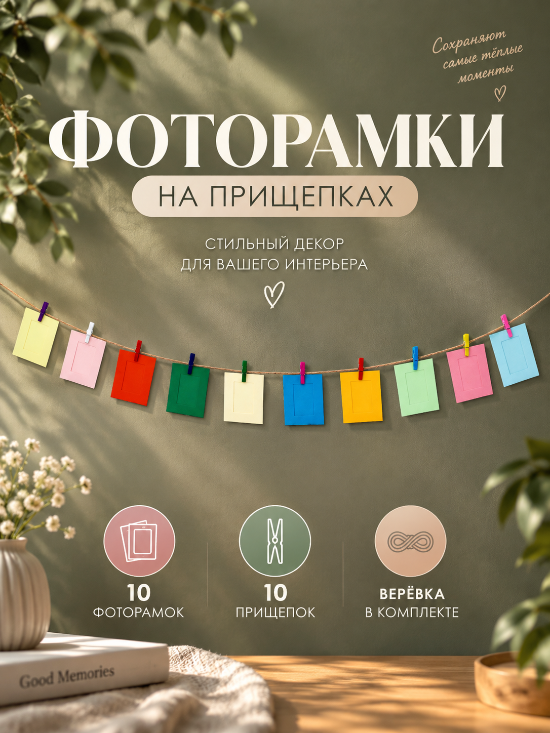 Набор фоторамок ЛАС играс "Цветные моменты", дерево, картон, джут, 10 штук