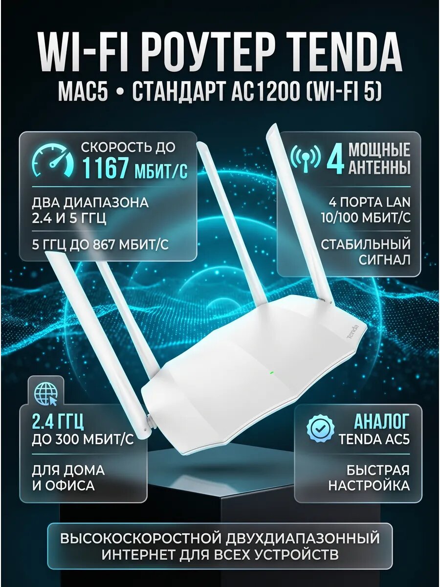 Wi-Fi маршрутизатор Tenda MAC5 (AC1200, 802.11ac, 4x10/100 Мбит/с)