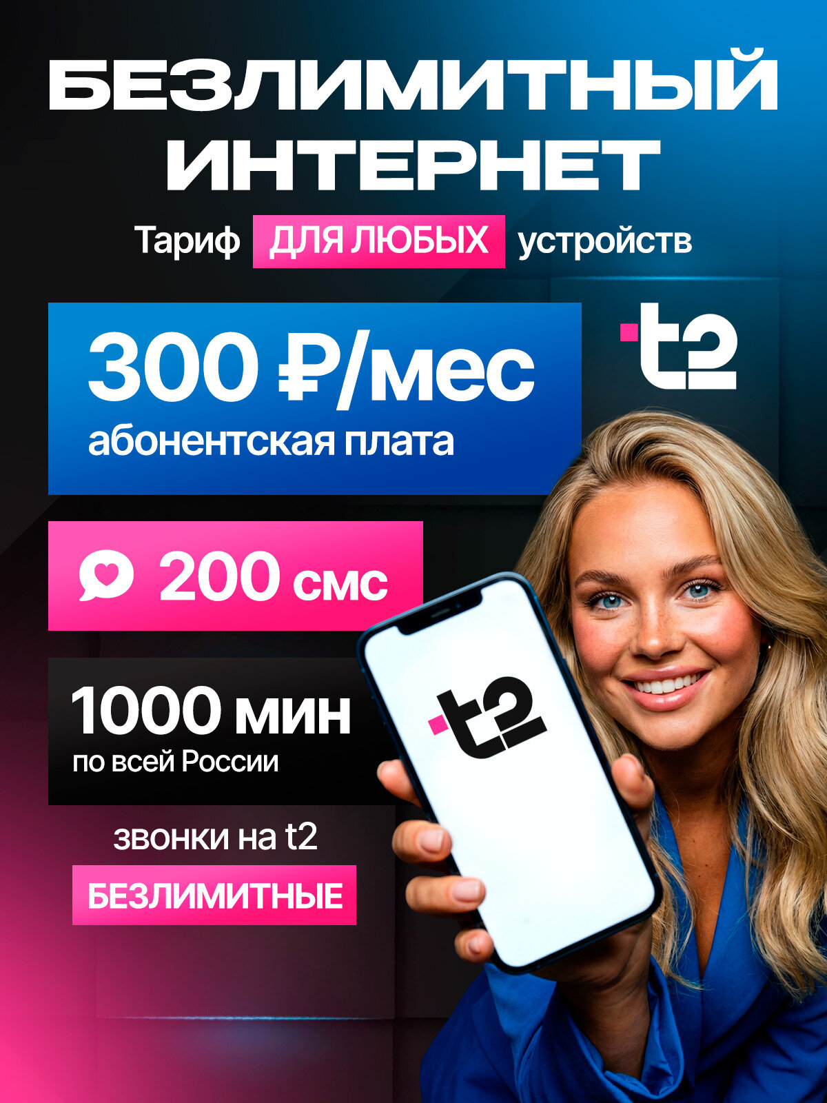 Сим карта Т2 безлимитный интернет + 1000 минут + 200 смс за 300 р/мес раздача интернета, T2 Sim-карта