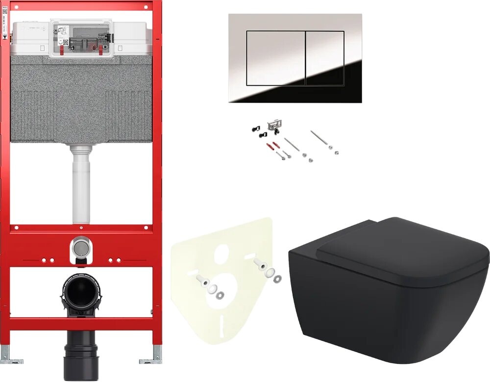 Комплект Унитаз подвесной Duravit Happy D.2 2222098900 rimless черный / Крышка 0064591300 / Инсталляция TECEprofil Uni 2.0 9300302 с шумоизоляцией, Кнопка Now 9 240 401 хром