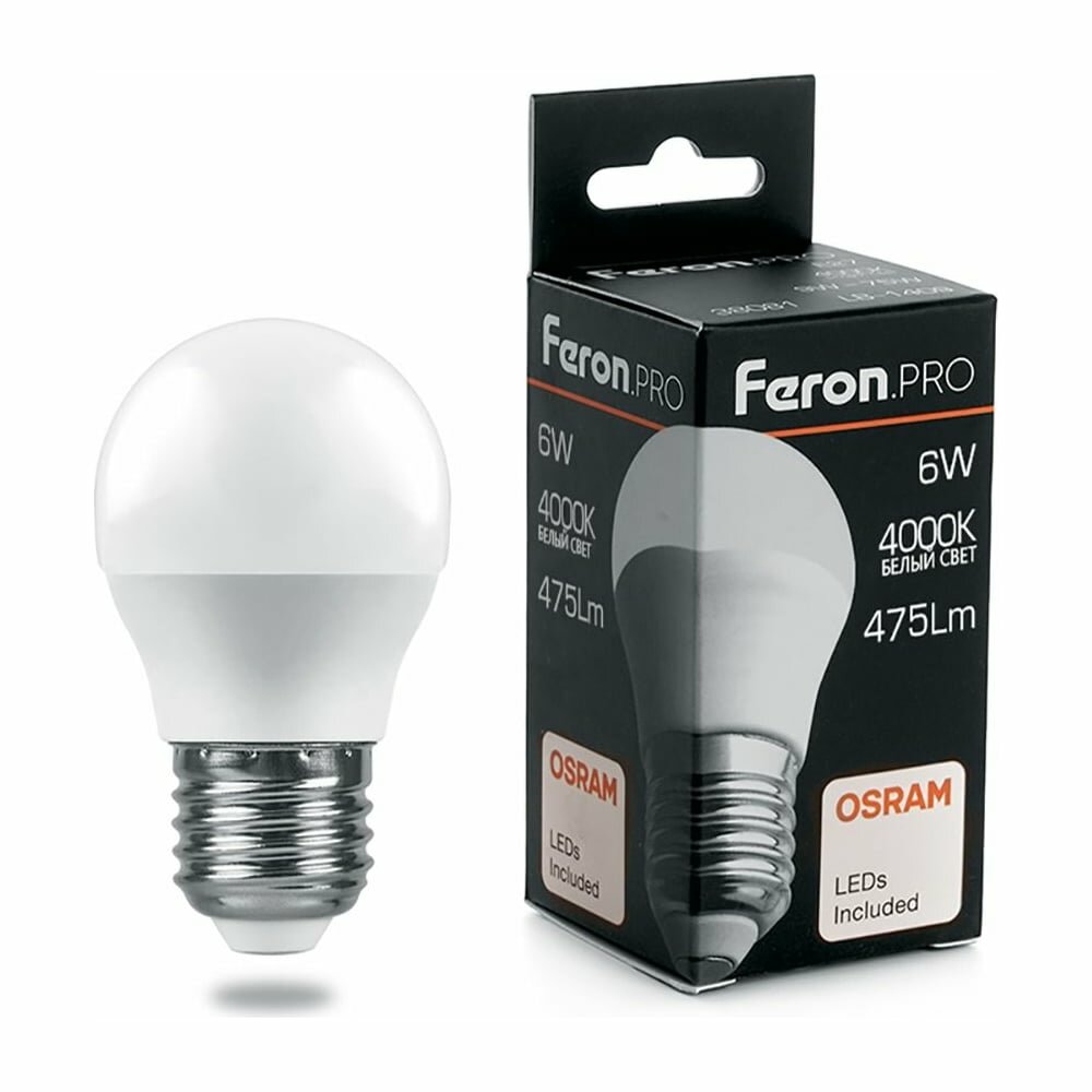Светодиодная лампа FERON PRO LB-1406 Шарик E27 6W 4000K OSRAM LED 38069