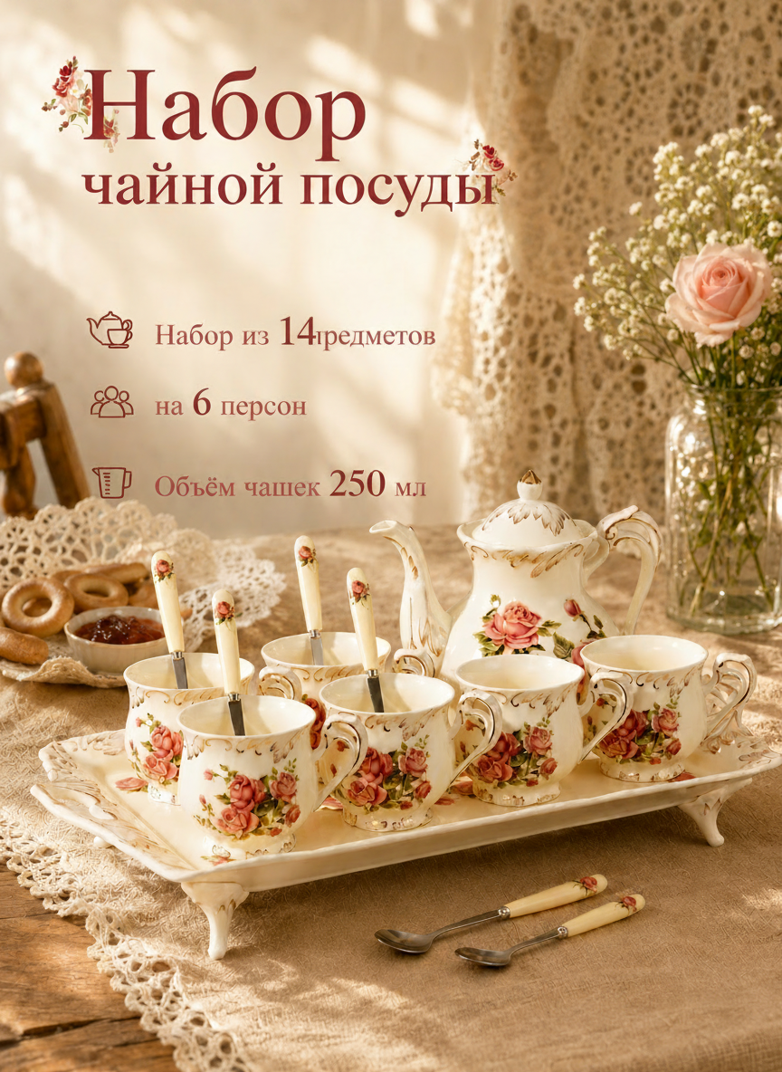Чайный сервиз "Цветы и растения", костяной фарфор, 14 элементов, 1000мл