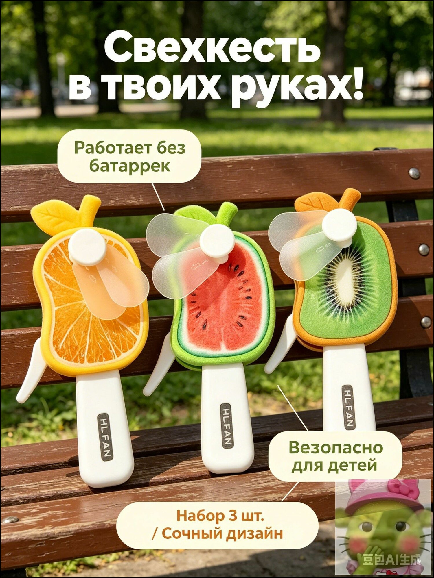 Настольный вентилятор Набор ручных вентиляторов фрукты механические 3 штуки, оранжевый, зеленый