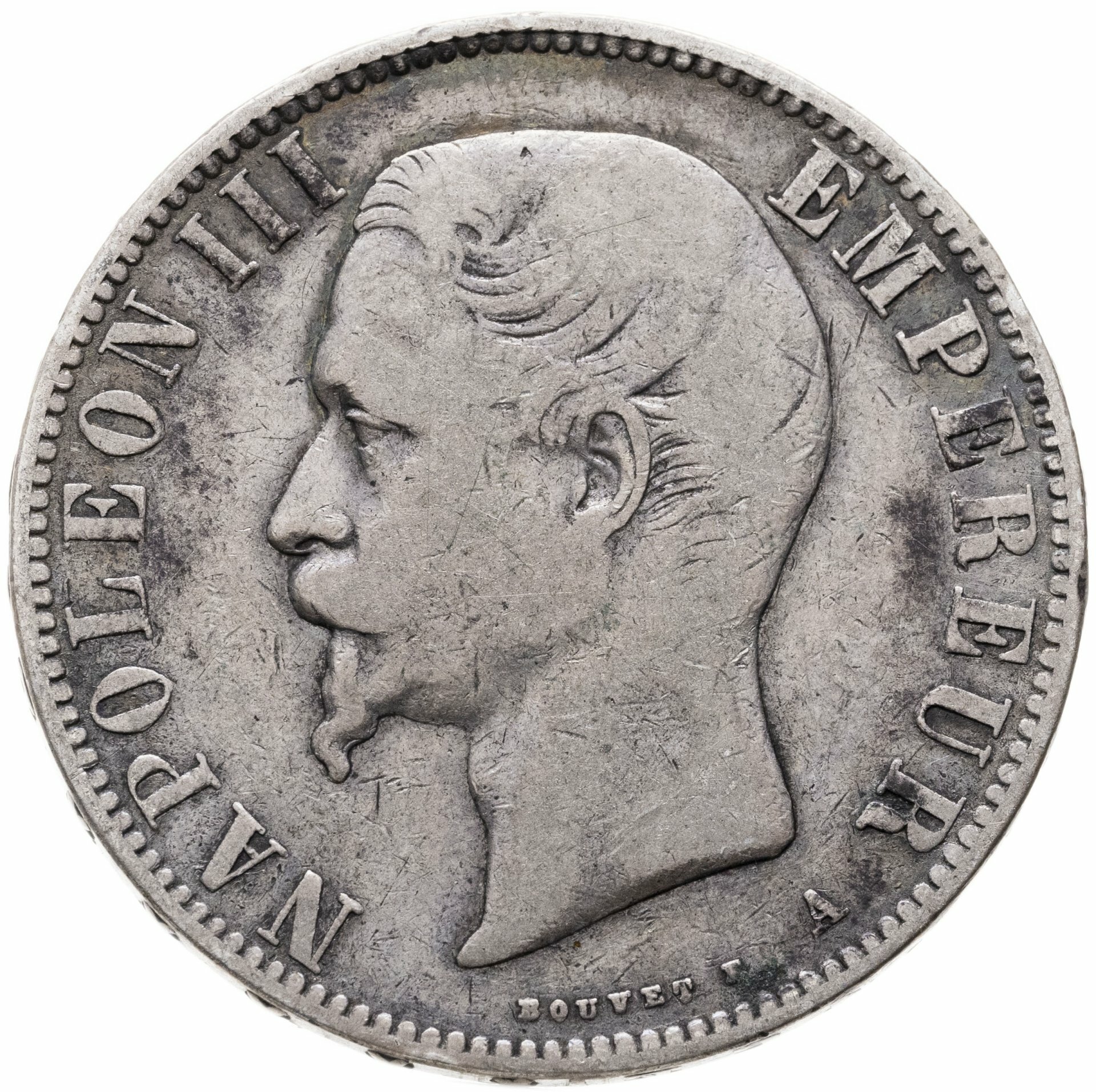 Франция 5 франков francs 1855 Наполеон III, Серебро 900, в сохранности VF