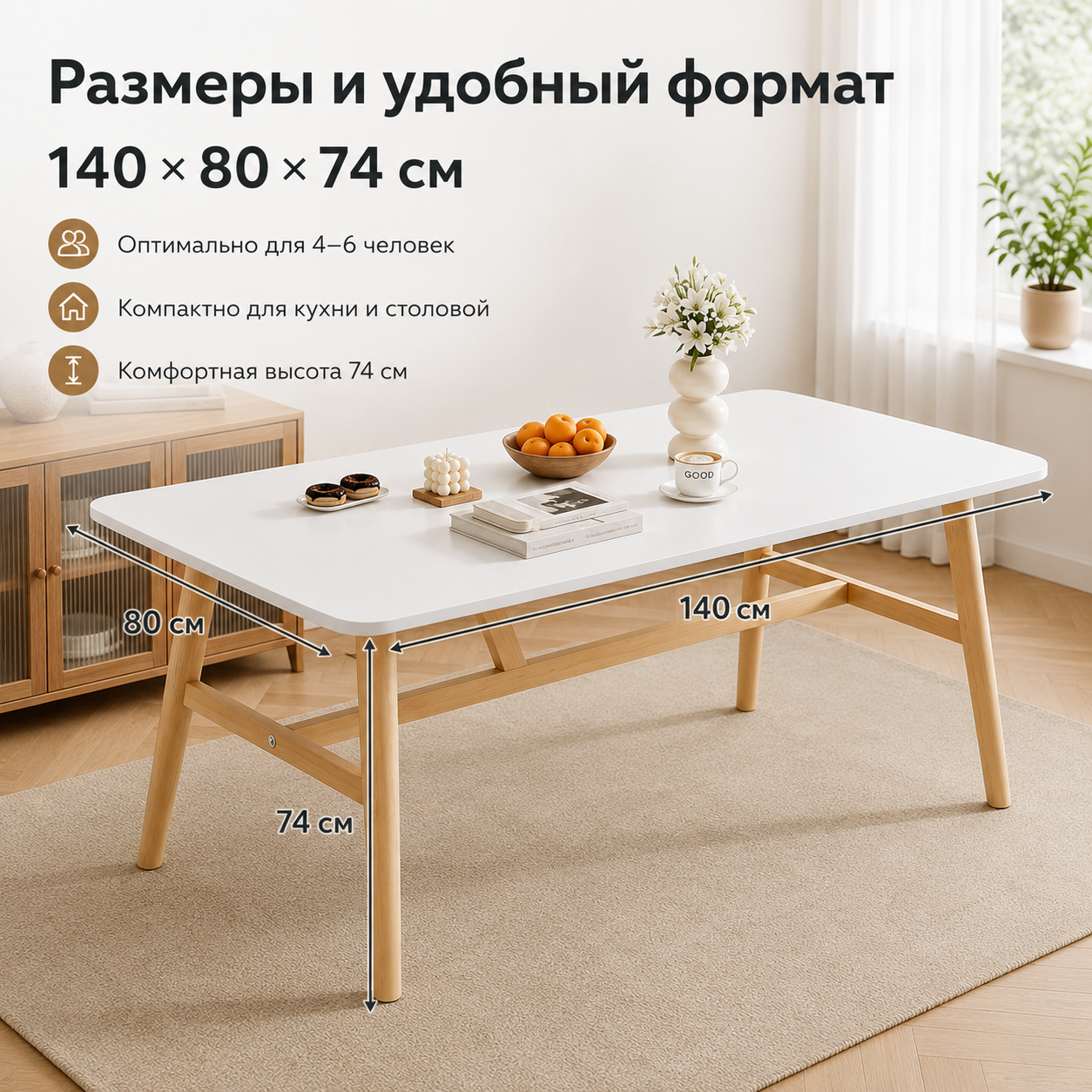 Обеденный стол скандинавский стиль 140х80 см, экологичные материалы, простая сборка, 140х80х74 см
