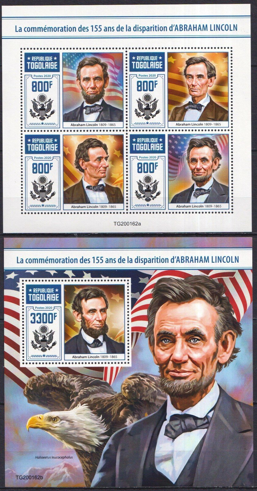 Марки 2020 год Того Авраам Линкольн Орлы Хищные птицы #11334-11337+Bl2065 Mnh