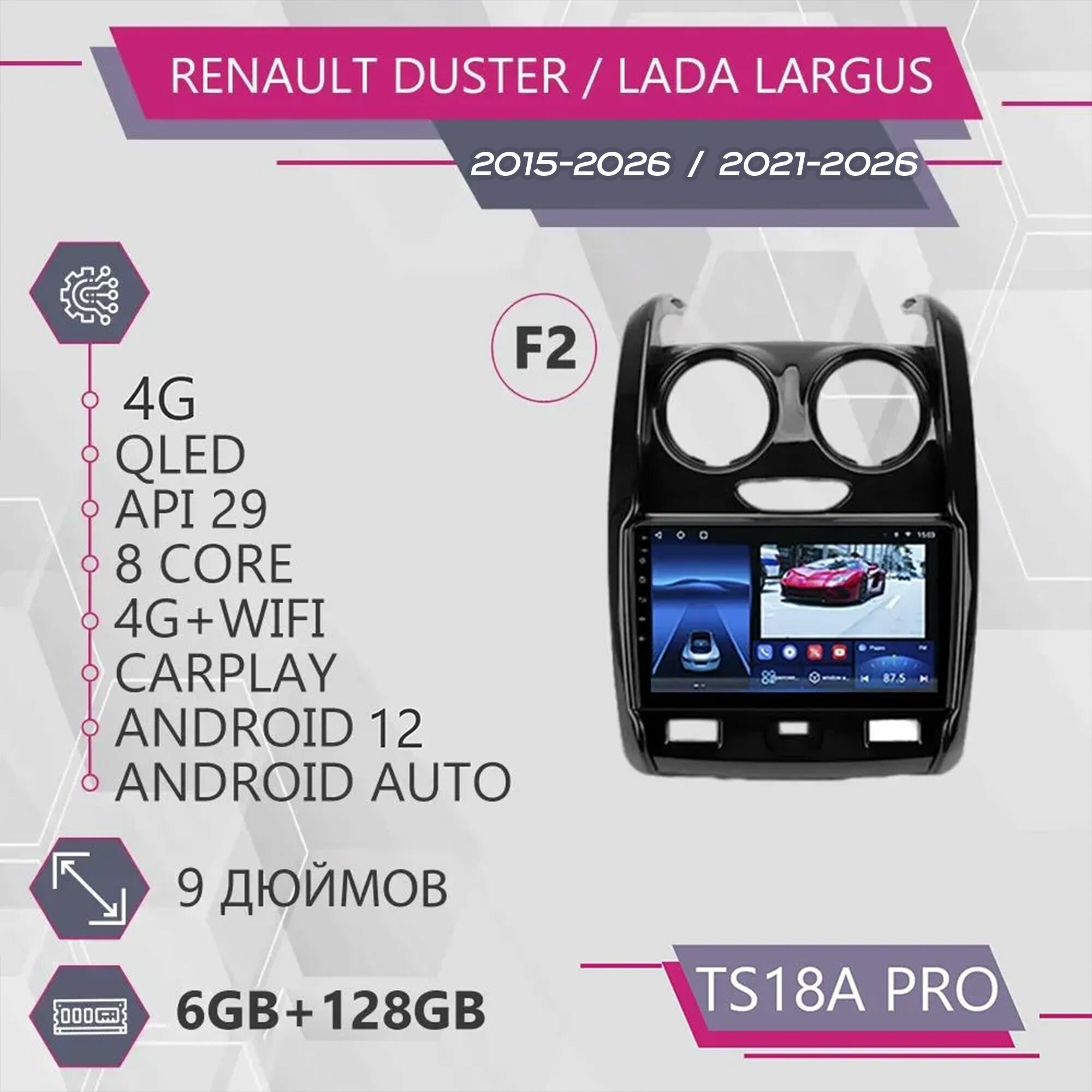 Автомагнитола TS18A Pro 6+128GB Renault Duster F2 Lada Largus 2021+/ Рено Дастер Лада Ларгус магнитола Android 12 2din головное устройство мультимедиа