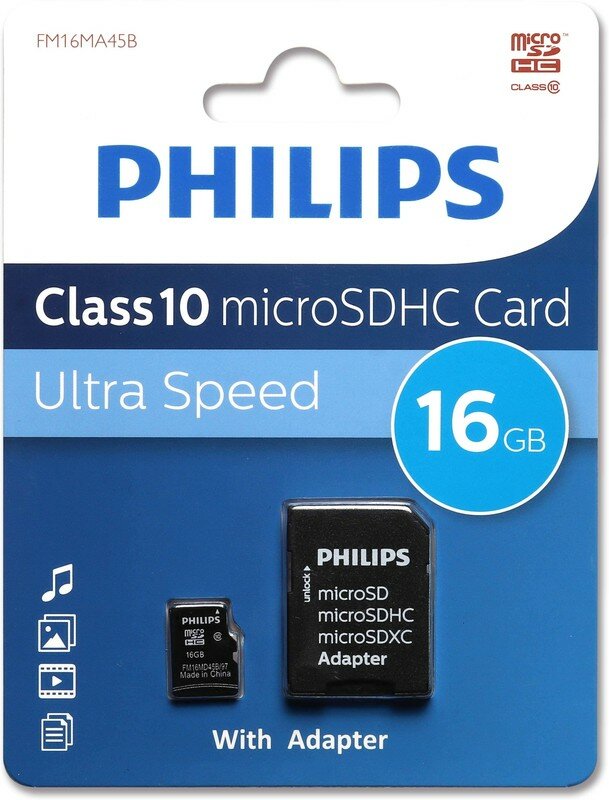 Флеш карта microSD 16GB PHILIPS microSDHC Class 10 (SD адаптер)