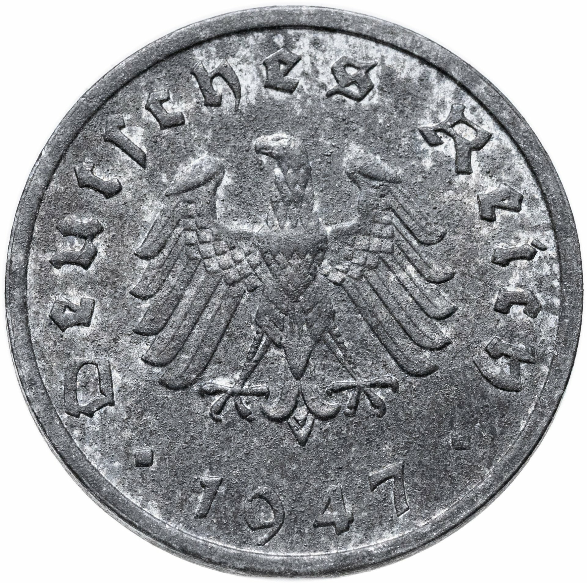 Германия, послевоенная оккупация 10 рейхспфеннигов reichspfennig 1947, знак монетного двора: "F" - Штутгарт, Цинк, в сохранности VF