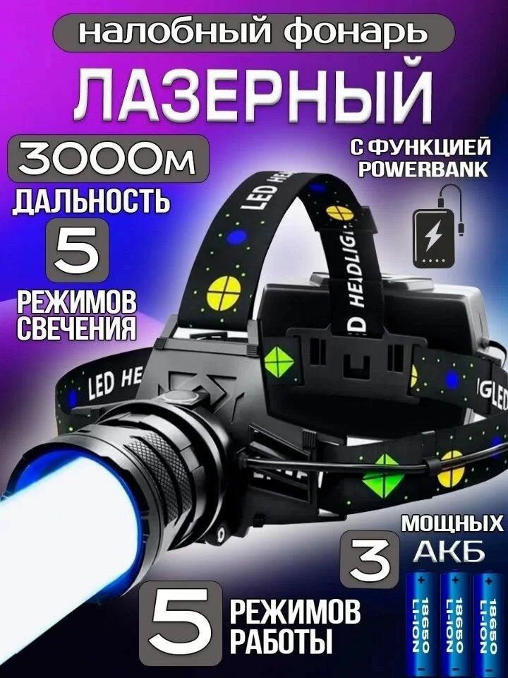Фонарь налобный аккумуляторный светодиодный мощный лазерный яркий