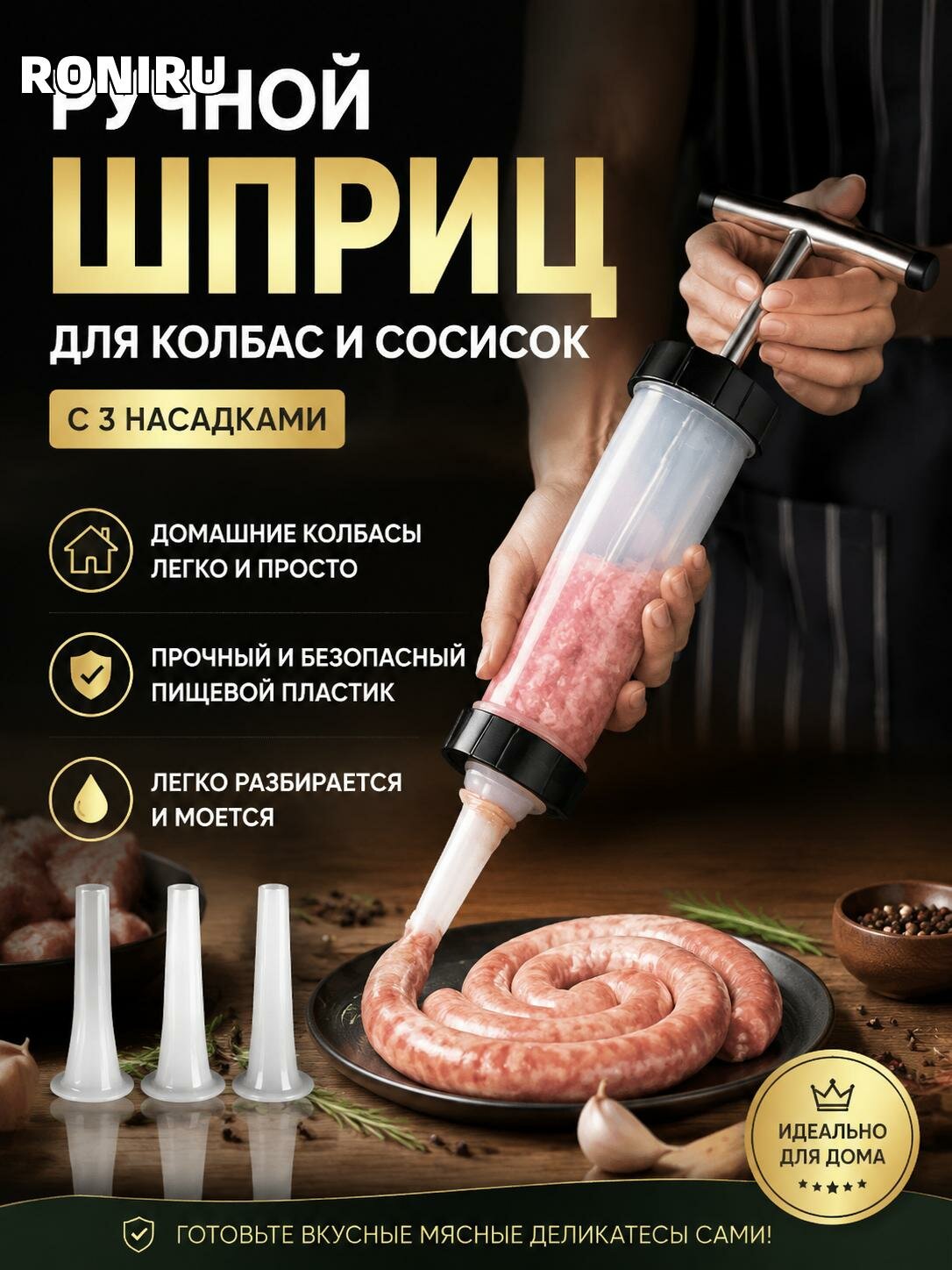 Ручной шприц для колбас и сосисок с 3 насадками — удобный инструмент для домашнего приготовления мясных изделий