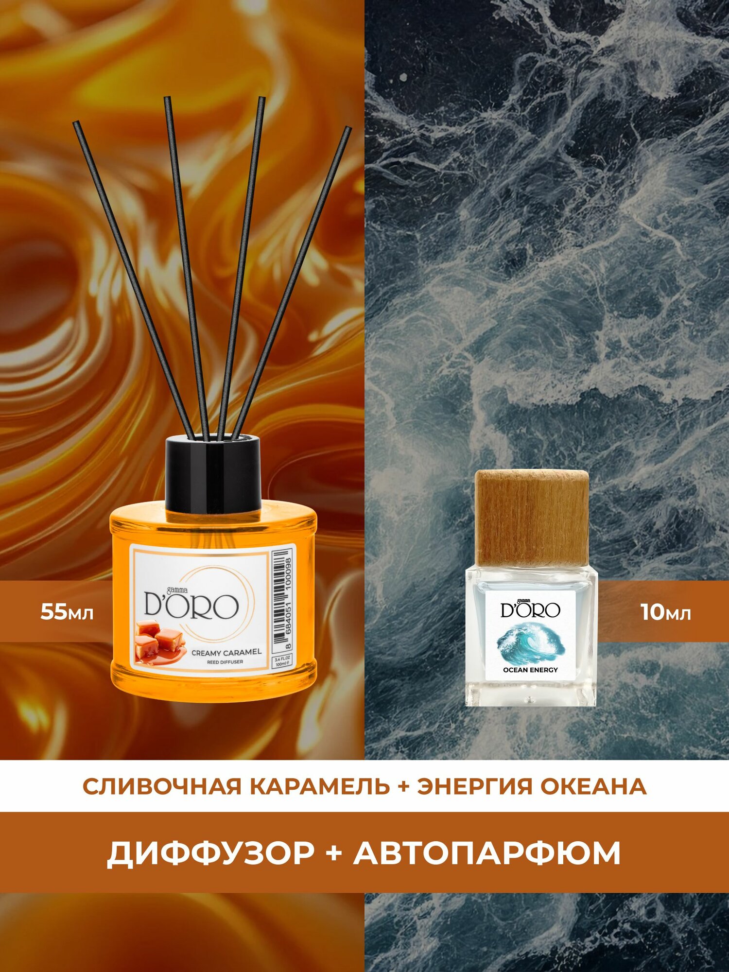 GAMMA D'ORO Подарочный набор диффузор ароматический для дома с палочками Сливочная карамель и ароматизатор для автомобиля Энергия океана, 55 мл и 10 мл
