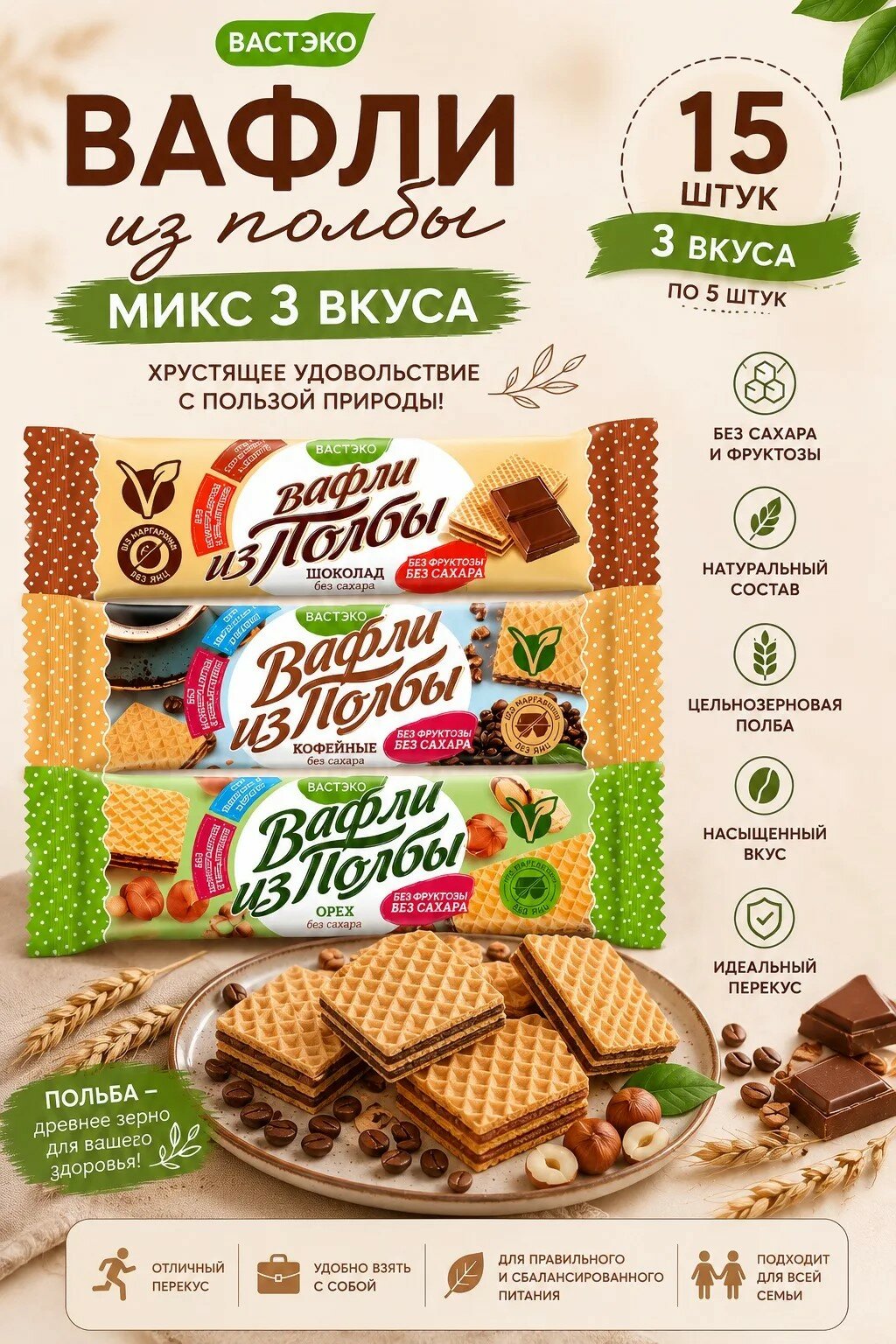 Вафли из полбы, без сахара , Ассорти 3 вкуса-Орех, Шоколад, Кефейные. 15 шт по 15гр.