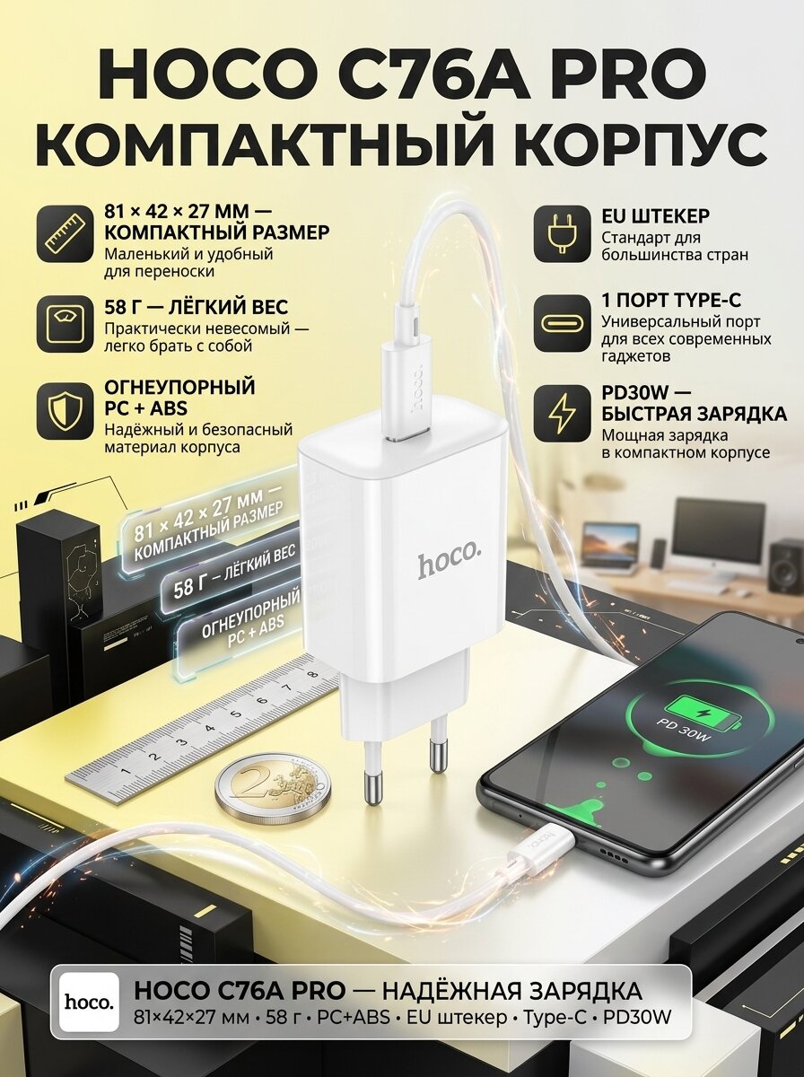 Сетевое зарядное устройство, 1 PD 30W (C76A Pro), HOCO, Type-C to Type-C, белый
